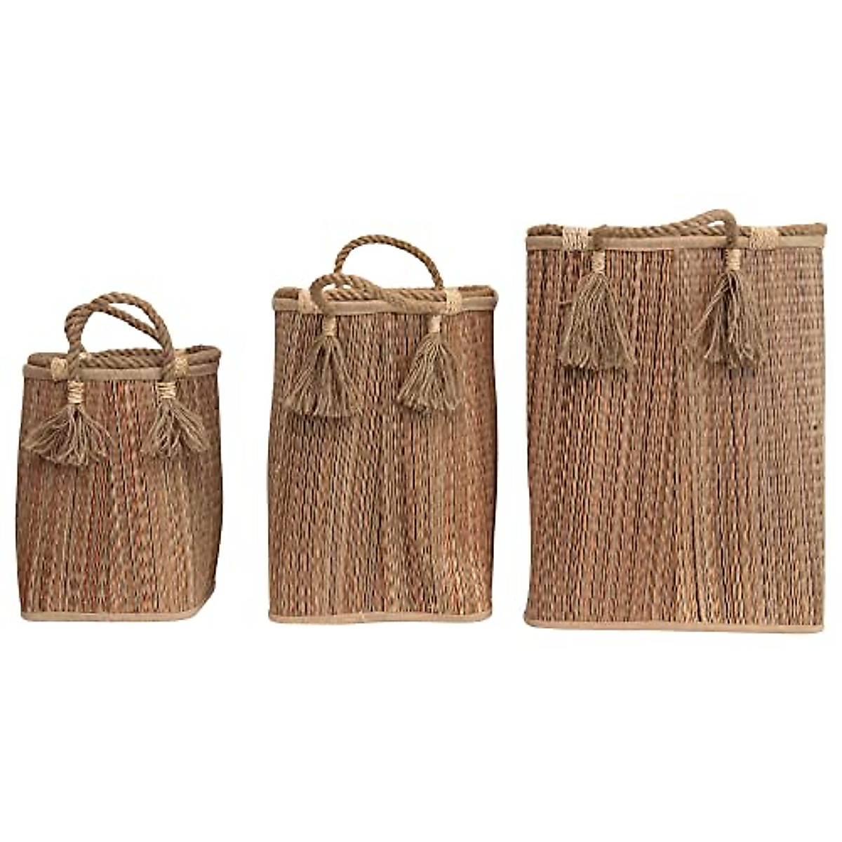 Creative Co-Op 14.25", 18" & 22" Handwoven Seagrass Handles & Tassels (Set of 3 Sizes) Baskets, Multicolor