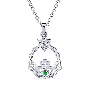 Bling Jewelry Traditional Irish Kelly Green Cubic Zirconia CZ Celtic Infinity Love Knot Friendship Heart Claddagh Pendant Necklace For Women Teen .925 Sterling Silver