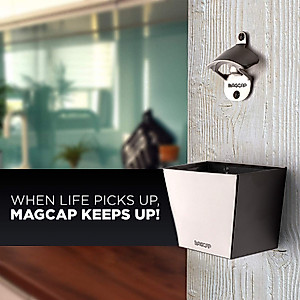 MAGCAP Magnetic Wall Mounted Bar - Style Bottle Opener and Bottle Cap Catcher Set for Beer and Sodas - Stylish, Easy to Install and Effortless to Use - Collects the Caps so You Don't Have to!