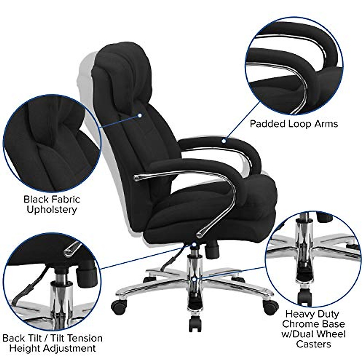 Flash Furniture Hercules Series Swivel Office Chair with Loop Arms, Ergonomic High-Back Executive Chair with Padded Seat and Arms, Black