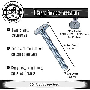 DCT Tee Bolt Set – 20 Pack 1-3/4in T Bolts for Woodworking, T Track Bolts Jig Bolts, 1/4in 20 Thread T Bolt
