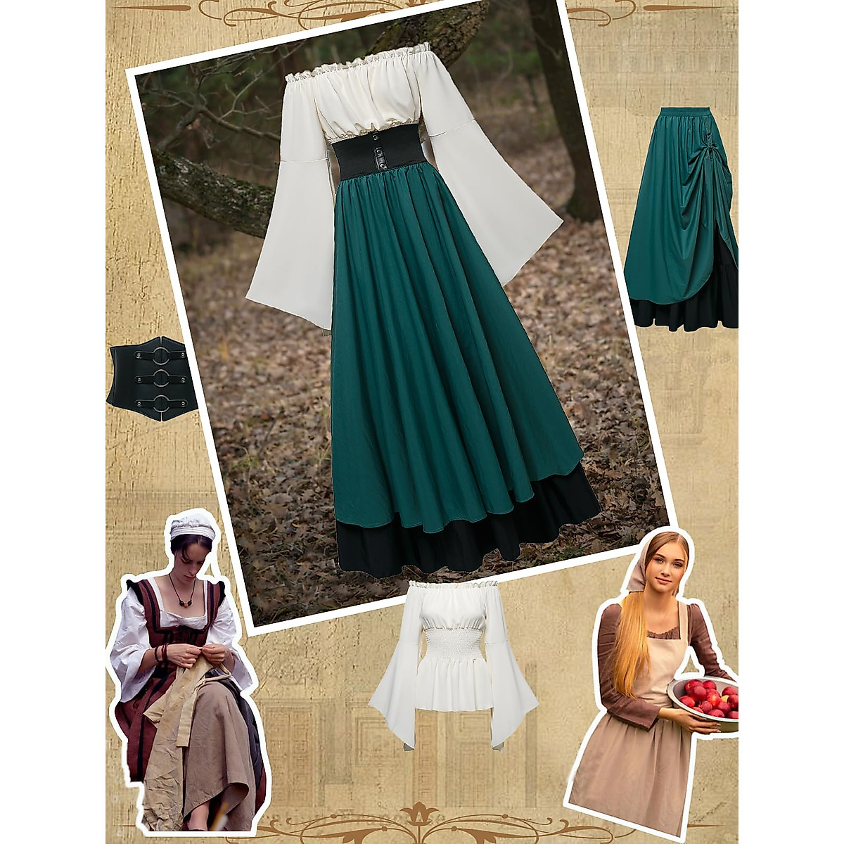 FORTMAC Renaissance Costume Women Ren Faire Medieval Dress for Women with Corset Fairy Costume Halloween Green M