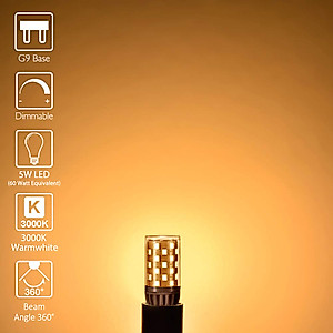 KLG G9 Dimmable LED Light Bulb 5W Warm White 3000K, 40W 60W Halogen Equivalent, G9 Bi-Pin Base Bulbs, 500LM, AC 120V for Home Lighting, Pack of 5