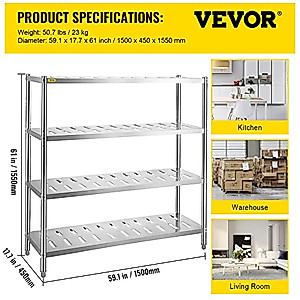 VEVOR Storage Shelf, 4-Tier Storage Shelving Unit, Stainless Steel Garage Shelf, 59.1 x 17.7 x 61 inch Heavy Duty Storage Shelving, 529 Lbs Total Capacity with Adjustable Height and Vent Holes