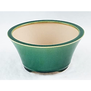 Fine Round Green Glazed Cactus & Succulent Planter, Shohin Bonsai Pot + Mesh - 5.25"x 5.25"x 2.5"