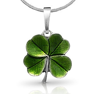 DANFORTH Four Leaf Clover/Shamrock Green Necklace, Handcast Pewter Pendant, 18 Inch Sterling Chain, Made In USA