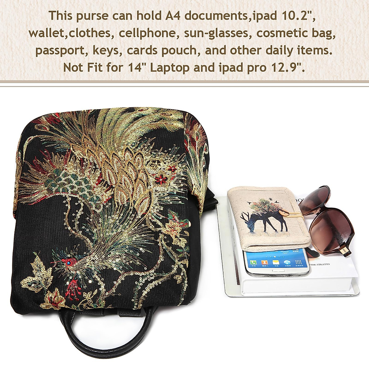 Embroidered Women Backpack Purse, Fashion Canvas Travel Anti-theft Rucksack School Shoulder Bag (Denim-Deep Blue)