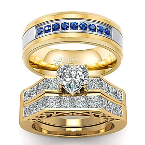 Two Rings His Hers Wedding Ring Sets Couples Rings Women's 10k Yellow Gold Filled White CZ Wedding Engagement Ring Bridal Sets & Men's Tungsten Carbide Blue Cz Wedding Band