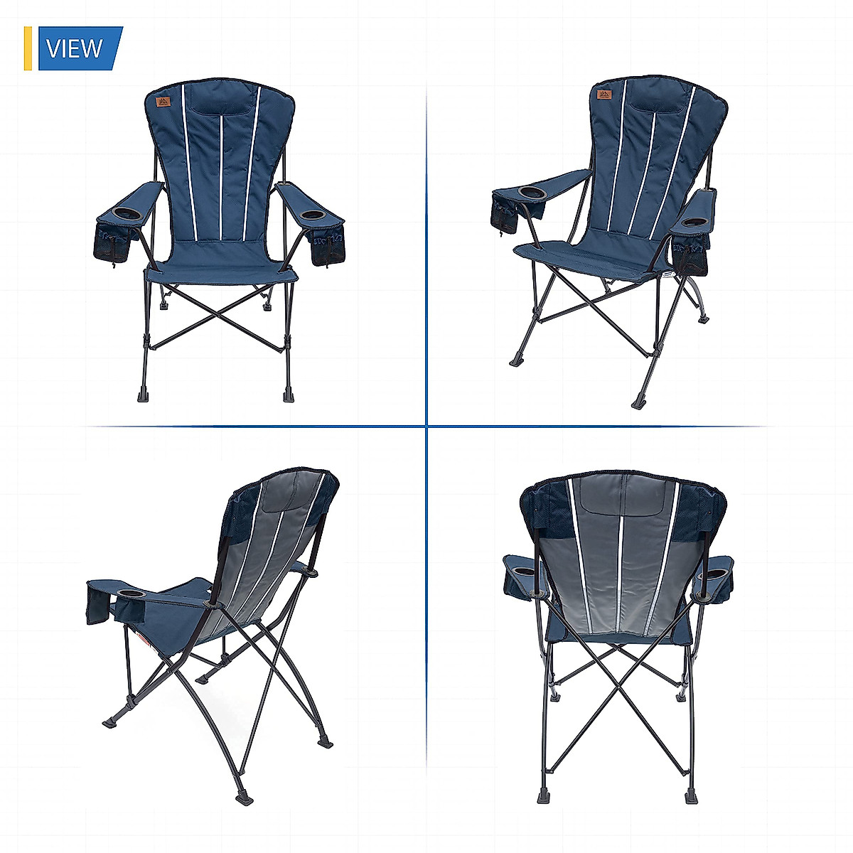 Outdoor-Forest HIGHBACK Adirondack Folding, Portable camping chair,Built in pillow. Two cup holder, Extra storage mesh pocket (Navy)