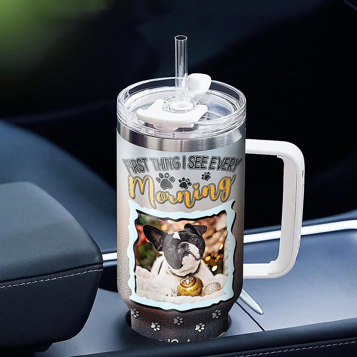 WAZONE Personalized Life Is Better With Frenchie Dog Cups With Lid 40oz Stainless Steel Tumblers First Thing I See Mug Gift For Pet Lovers Cute French Bulldog Dogs Portrait Pets Owner Gifts