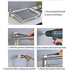 Ghankopd Microwave Oven Rack, Stainless Steel Microwave Oven Shelf Wall-Mounted Kitchen Shelf, Kitchen Shelves Counter with 6 Hooks for Kitchen Countertop Organizer (Silver)