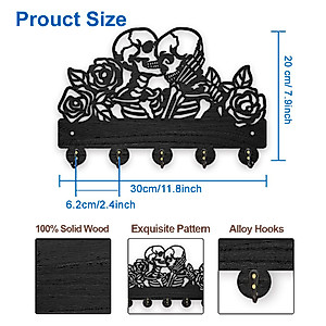 MAYJOYDIY Halloween Skull Key Holder for Wall Wood Rose Flower Skeleton Undead Key Hook 11.8×7.9inch Black Coat Rack 5 Alloy Hooks Home Decor Gifts Entryway Kitchen Storage Organizer
