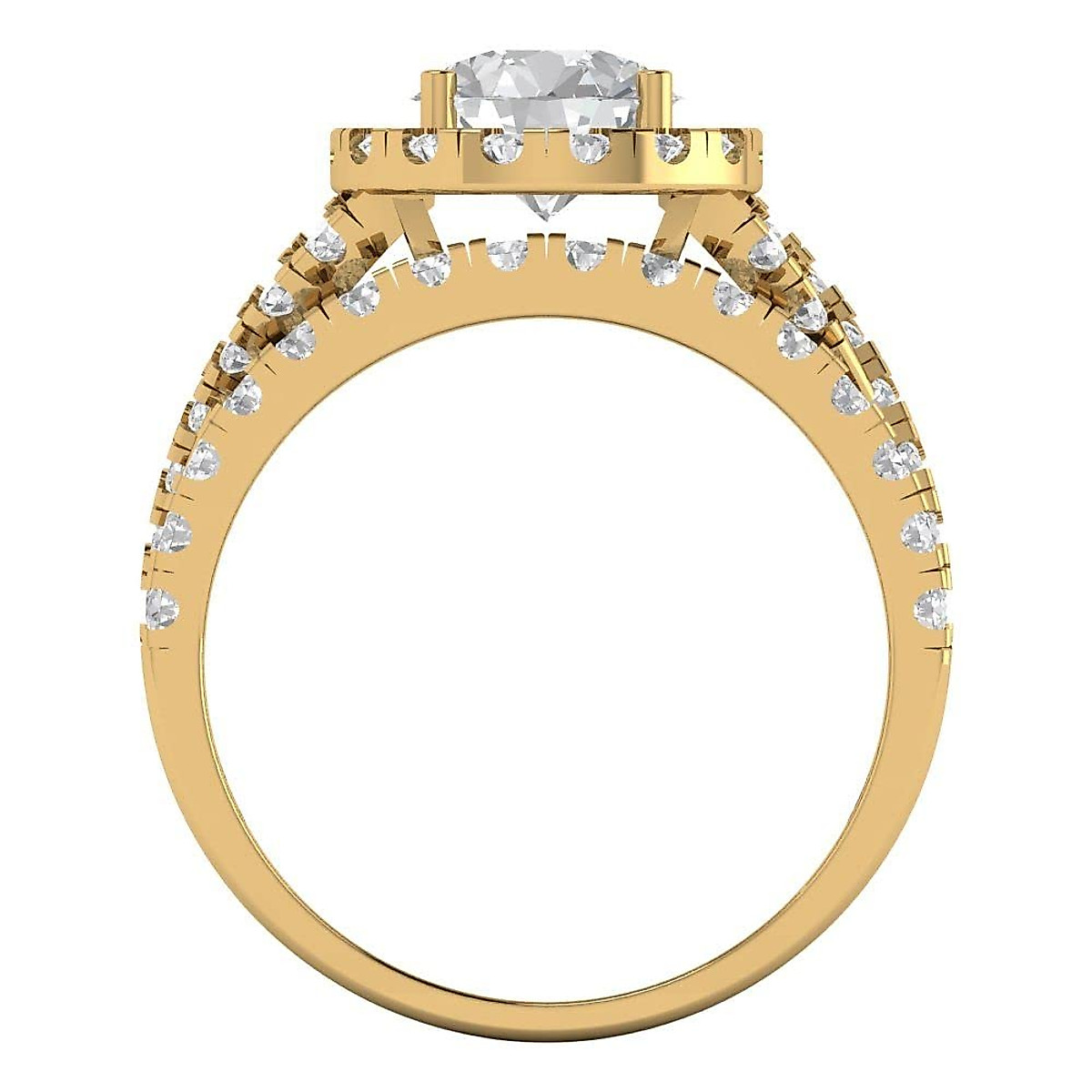 Clara Pucci 1.92 Carat Round Cut Clear VVS1 Ideal Zircon 14k Yellow Gold Halo W/Accents Wedding Bridal Anniversary Ring Band Set Size 6