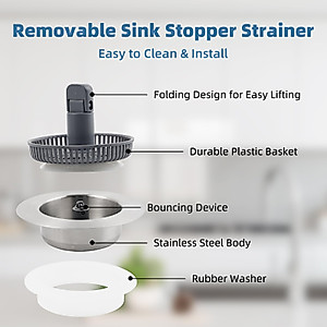Upgraded Stainless Steel Kitchen Sink Drain Stopper Strainer, 3-in-1 Pop Up Sink Stopper, Clog-Free Mesh Sink Drain Strainer, Food Catcher for Standard 3-1/2 Inch Kitchen Sinks, Chrome