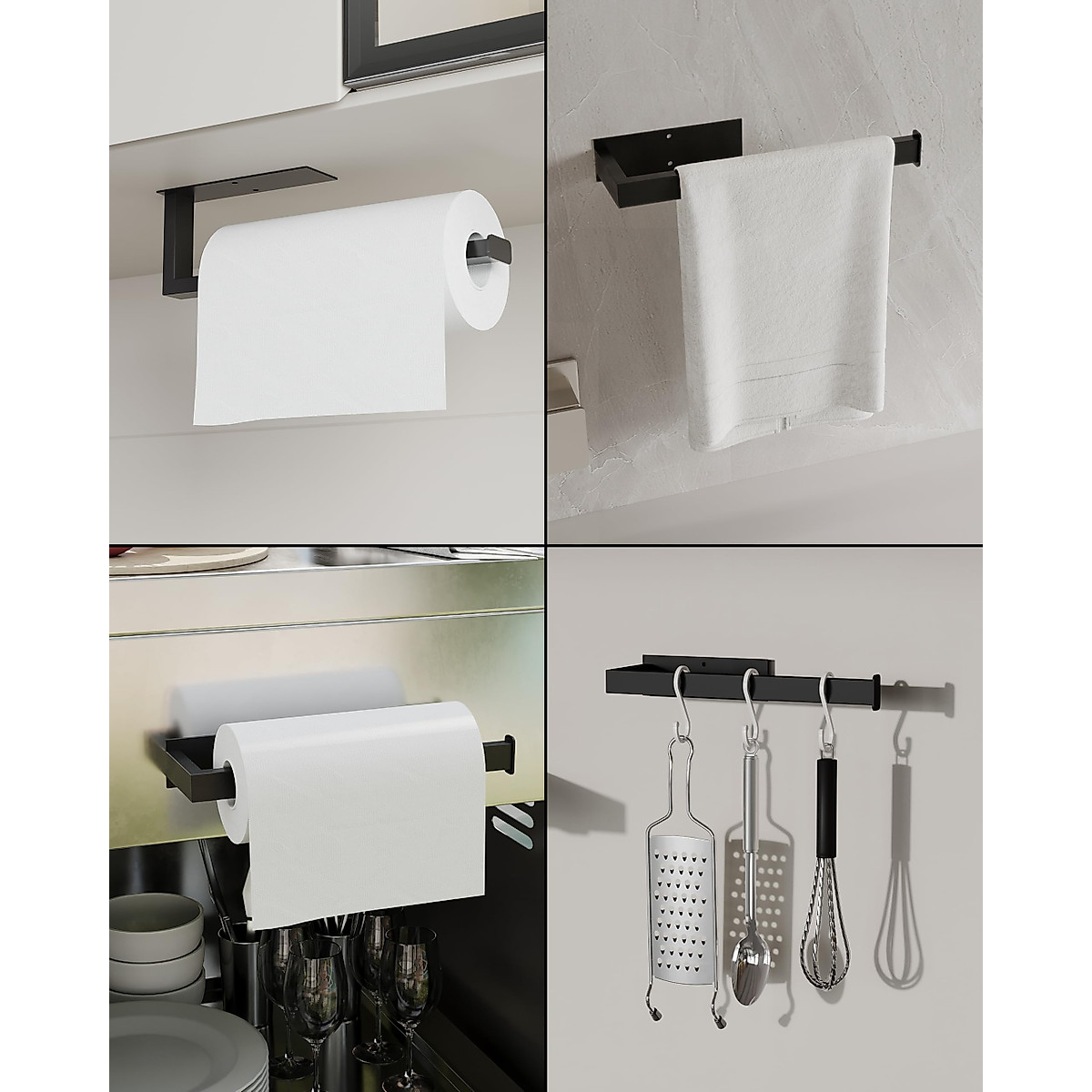 WZKALY Paper Towel Holder, SUS304 Stainless Steel Under Cabinet Paper Towel Bar, Self Adhesive or Wall Mount, Paper Towel Roll Rack for Kitchen and Bathroom (Black)