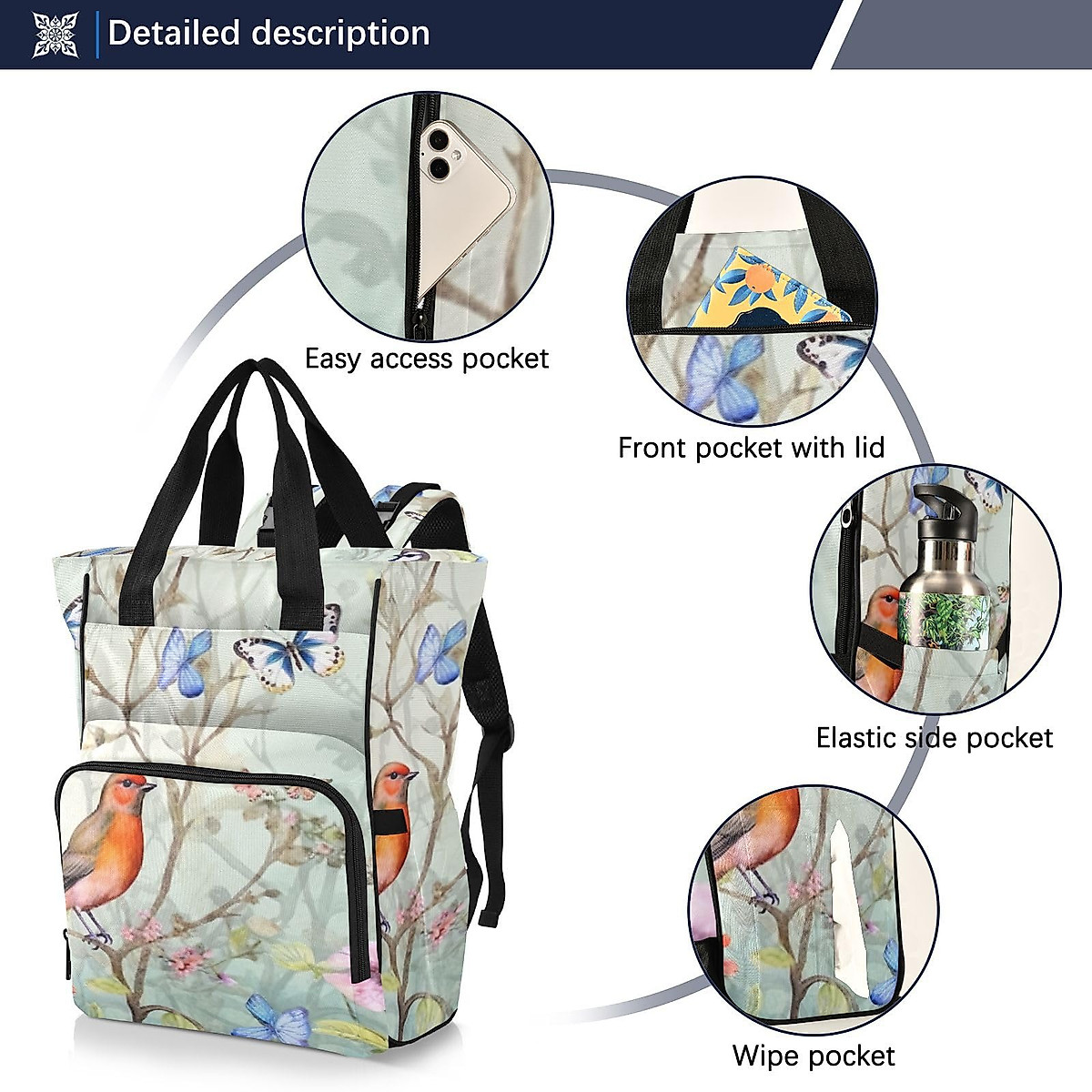 xigua Romantic Pretty Birds Diaper Bag Backpack Multi Function Baby Changing Bags Waterproof Large Capacity Travel Back Pack for Mom Dad