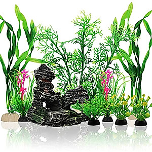 Fish Tank Accessories Aquarium Decorations Plants, 9pcs Green Fish Tank Decorations Plants and Cave Rock Decoration Decor Set, Fish Tank Decor, Aquarium Decor Plastic Plants