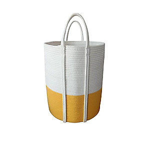 Yellow/White Rope Woven Laundry Basket/Nursery Hamper/Baby Laundry Basket/Toy Storage/Cotton Rope Basket/XXL Large Tall 18"H x 15"W/With Handles Clothes Blankets Kids Pet Organizer Decor Gift