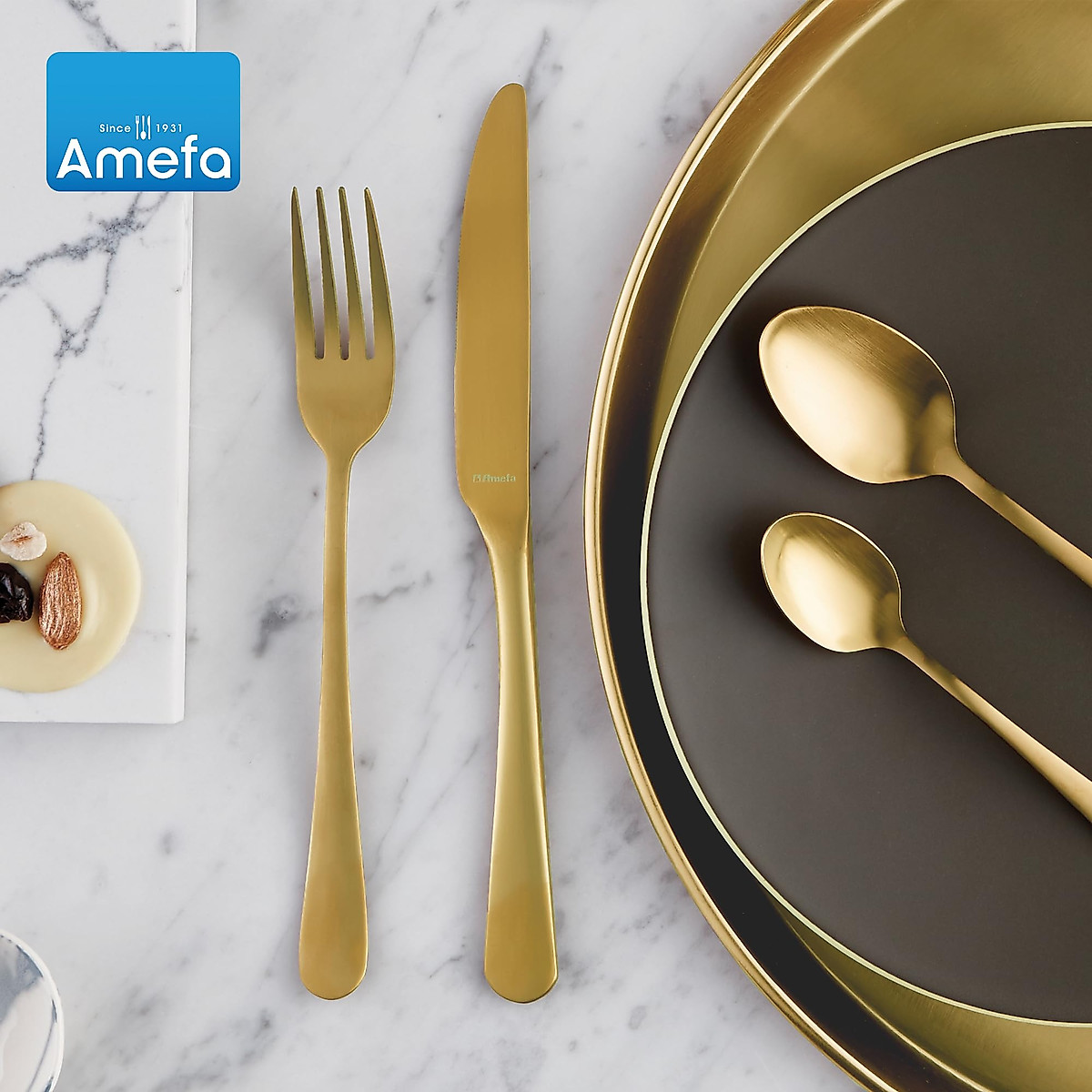 Amefa Austin 20-piece Premium 18/0 Stainless Steel Flatware Set, Satin Golden Finish, Silverware Set Service for 4, Dishwasher Safe, Rust Resistant Cutlery (Gold)