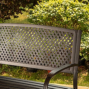 Sophia & William Outdoor Garden Bench Patio Park Bench, Steel Metal Frame Furniture with Lattice Backrest and Widened Armrest for Porch Yard Lawn Deck