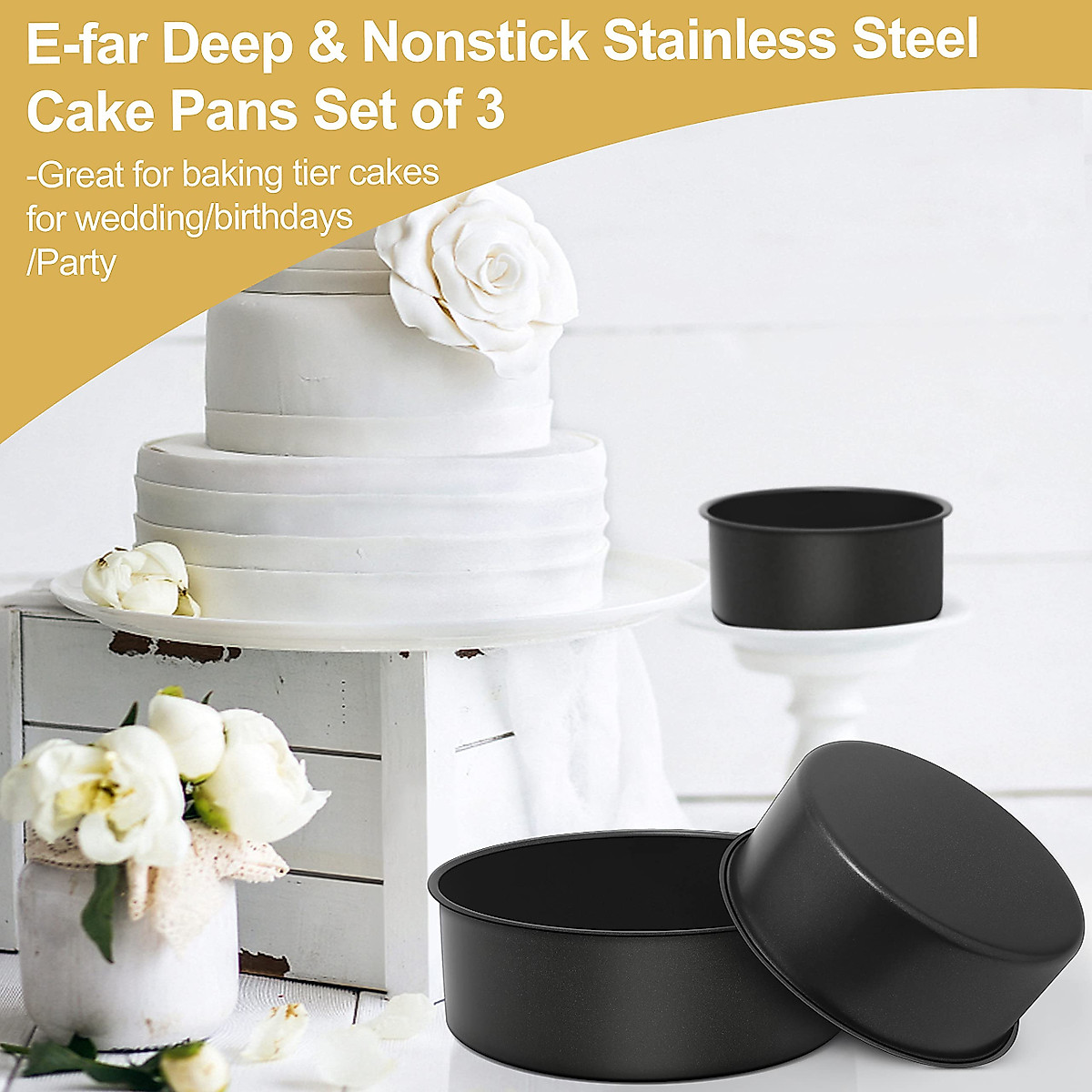 E-far Deep Cake Pan Set of 3 (4/6/8 Inch), Nonstick Stainless Steel Round Cake Pans Tins for Baking Layer Wedding Cakes, Stainless Steel Core & Nontoxic Coating, Deep & Straight Side