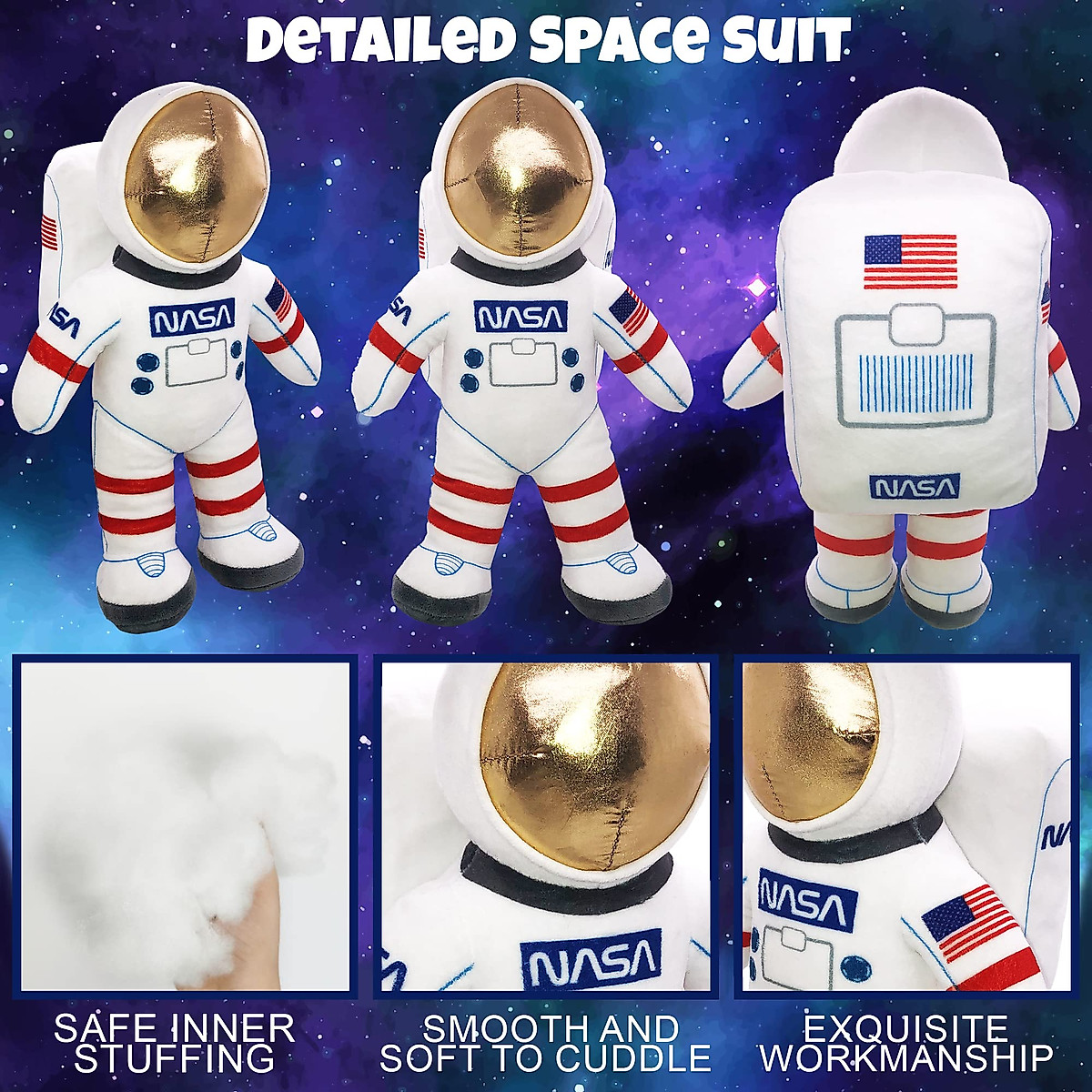 12” Plush Toy Astronaut Figurine, Realistic Astronaut Plush Toy with NASA & USA Flag Arm Patches, Super-Soft Stuffed, Space Decor Astronaut Toys for Kids 3-5, NASA Toys, Toddler Birthday Gift