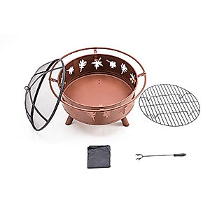 Mcombo 32" Metal Bronze Fire Pit Round Table Backyard Patio Terrace Fire Bowl Heater/BBQ/Ice Pit with Charcoal Rack Waterproof Cover 0146, Bronze