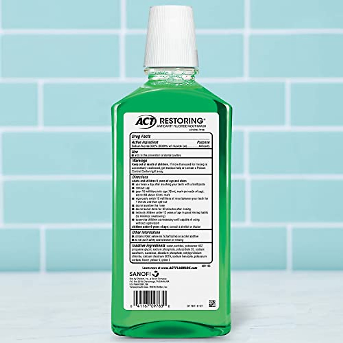ACT Restoring Zero Alcohol Fluoride Mouthwash 33.8 fl. oz. Strengthens Tooth Enamel, Mint Burst