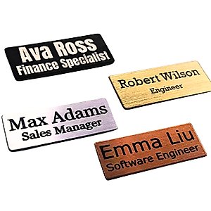 Premium Custom Metal Nametags, with Pin or Magnet Backing, Gold, Rose Gold, Silver, Black, Fully Personalized Name Badge Engraving (2" x 0.8")