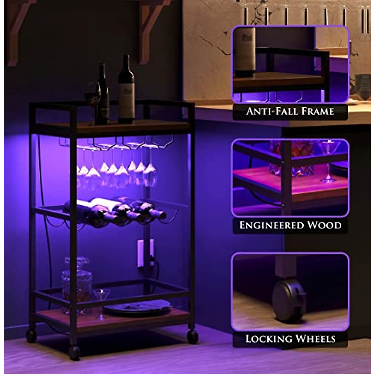 Boss Premium® BarUSA™ LED Bar Cart for Home Mini Portable Wine Bar Coffee Carts Small Mobile Serving Stand Liquor Beverage Drink Tea Alcohol Kitchen Rolling Cart - Designed in USA (Patented)