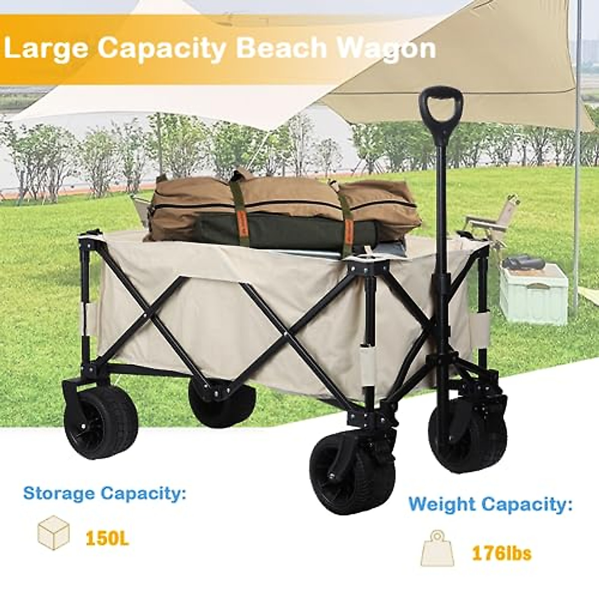Collapsible Wagon Cart, Heavy Duty Folding Wagon, 176lbs Large Capacity Beach Wagon, All Terrain Wagon, Portable Outdoor Utility Wagon for Sports Shopping Camping Garden(White)