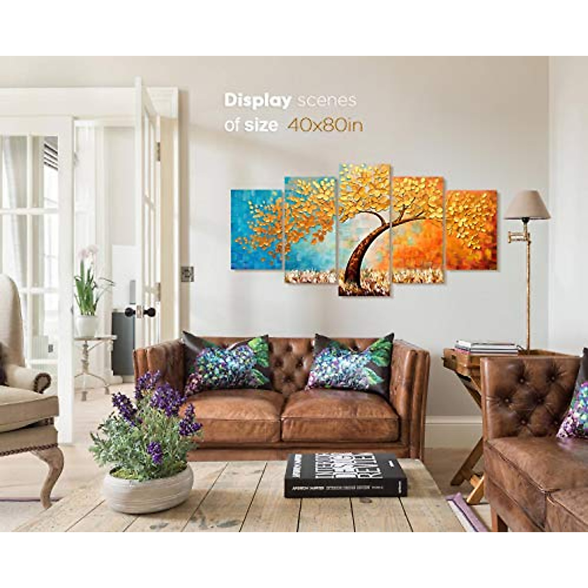 JIMHOMY Wall Art for Living Room Large Canvas Wall Paintings Room Decor Gold Tree Picture Wall Decor Cherry Blossom Flower Painting 3D Textured Petals Framed Art Home Office Decorations 80x40in