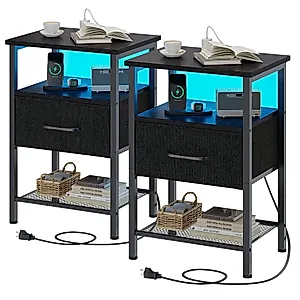 TRIFEBLE Night Stand Set 2, End Table with Charging Station, LED Bedside Table with Fabric Drawer for Bedroom, 3-Tier Side Table with Open Shelf, Black