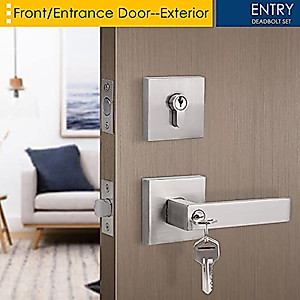 Keyed Entry Door Lever and Double Cylinder Deadbolt Set, Keyed Alike Reversible Lockset, Satin Nickel Square Interior/Exterior Handleset for Bedroom, Front Door 3 Pack