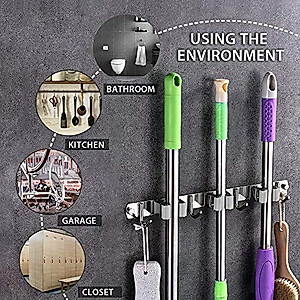 JEWJIO Broom Mop Holder Wall Mounted - Broom Storage Rack Utility Hanger 3 Racks 4 Hooks for Bathroom Home Kitchen Office Closet Garage Stainless Steel Heavy Tool Storage Rack (15 Inch)