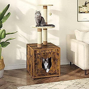 FavePaw Cat Litter Box Enclosure, Cat Tree with Litter Box Enclosure, Cat Litter Box Furniture with Cat Tree Tower and Condo, Indoor Cat House with Sisal Scratching Post and Soft Plush Perch, Brown