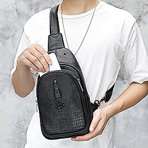 NIUCUNZH Crocodile Leather Sling Bag with Leather Strap, 3 Zipper Crossbody Shoulder Bags for Travel Hike Everyday Carry Black