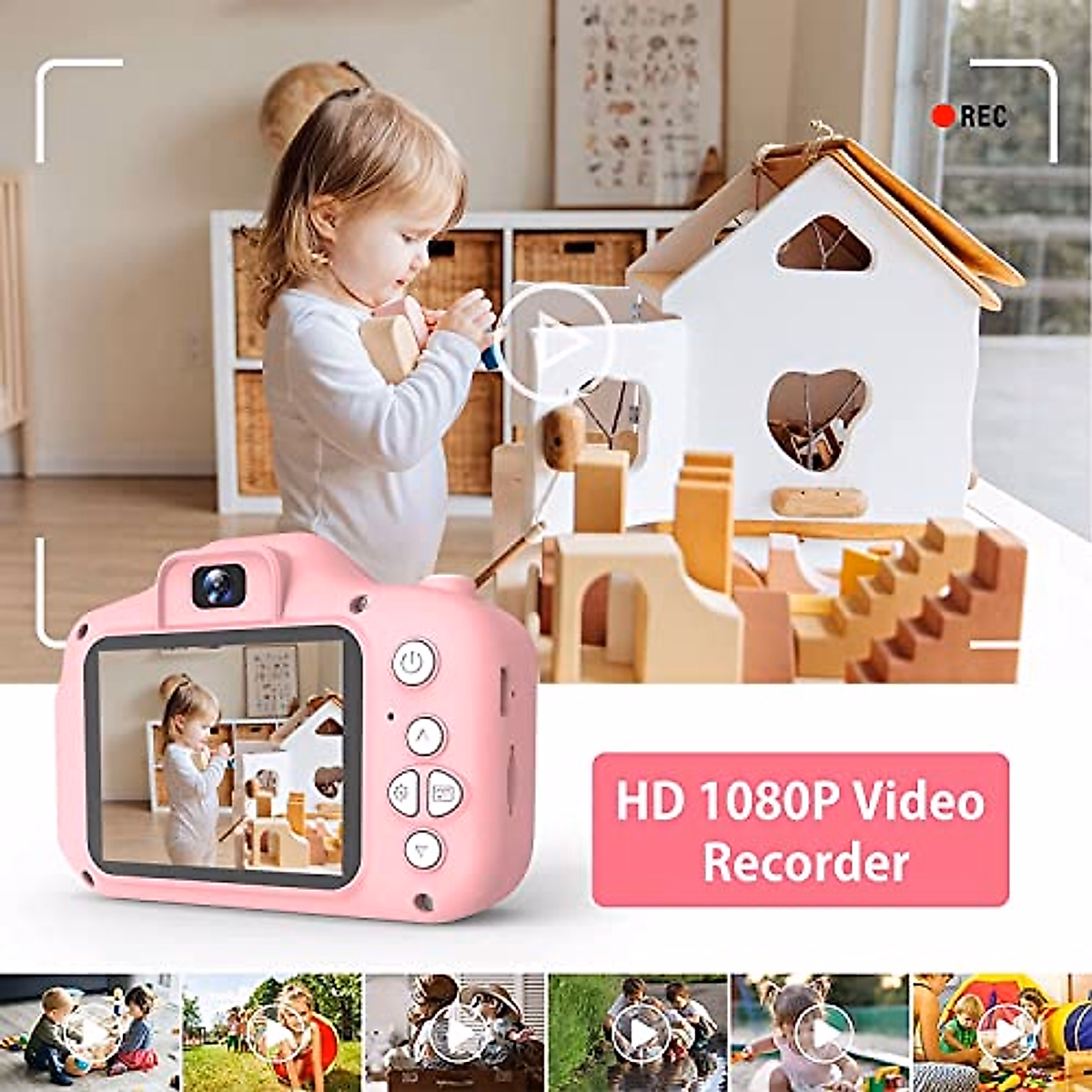 Children Camera, Children Digital Camera, Children Toy Camera with 1080P HD Video, 32GB SD Card, 2.0 Inch IPS Screen, 8 Times Zoom, Timer Shooting, Birthday Gifts for Girls Aged 3-9 Years Pink