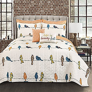 Lush Decor Rowley Birds Quilt Reversible 7 Piece Bedding Set with Floral Animal Bird Print and Decorative Pillows, King, Multi
