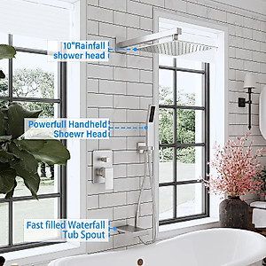 HomGoo Shower System with Tub Spout, Wall Mounted Tub Shower Faucet Set for Bathroom with High Pressure 10'' Rain Shower Head and Handheld Shower head Set, Brushed Nickel