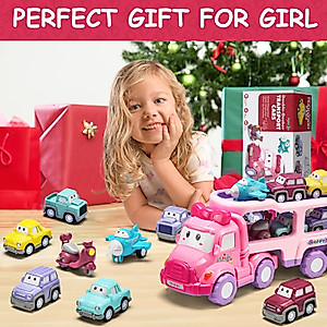 Cartoon Vehicle Toy for Toddler Girl, 9-in-1 Pink Carrier Truck for Baby Girls, Friction Power Transport Car with Light and Sound, Toys for 3 Years Old Little Girl Kid Child Infant Gift Birthday