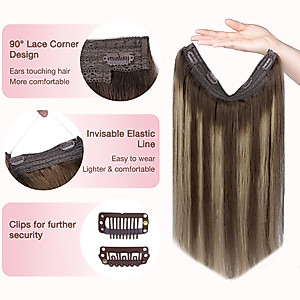 GOO GOO Wire Hair Extensions Human Hair, 4/26/4 Chocolate Brown with Honey Blonde Balayage 14inch 75g, Invisible Wire Hair Extensions with Transparent, Seamless Fish Line Hairpiece