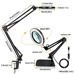 Hanbaak Magnifying Glass with Light and Stand, 10X Magnifying Lamp, 3 Color Modes Stepless Dimmable, 2-in-1 LED Lighted Desk Magnifier with Light for Reading, Crafts, Repair, Close Works