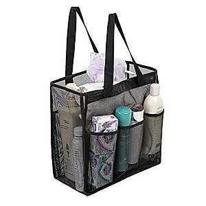ALYER Big Mesh Shower Bag Tote,Portable Dry Wet Separation Bath Organizer with a Clear Zippered PVC Pocket (Black)