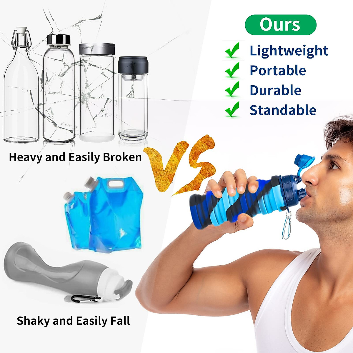 Collapsible Water Bottles, 2 Pack 16oz Silicone Travel Water Bottle Leakproof BPA Free Foldable Sport Water Bottles with Leak proof Twist Cap for Camping,Hiking Outdoor Indoor Sport