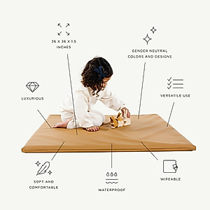 Baby Play Mat - Premium Padded Square Floor Mat by Gathre, Wipeable & Water Resistant Play Pad for Kids, Toddlers, and Babies, Foldable and Soft Crawling Playmat (36 x 36 x 1.5 inches, Camel)