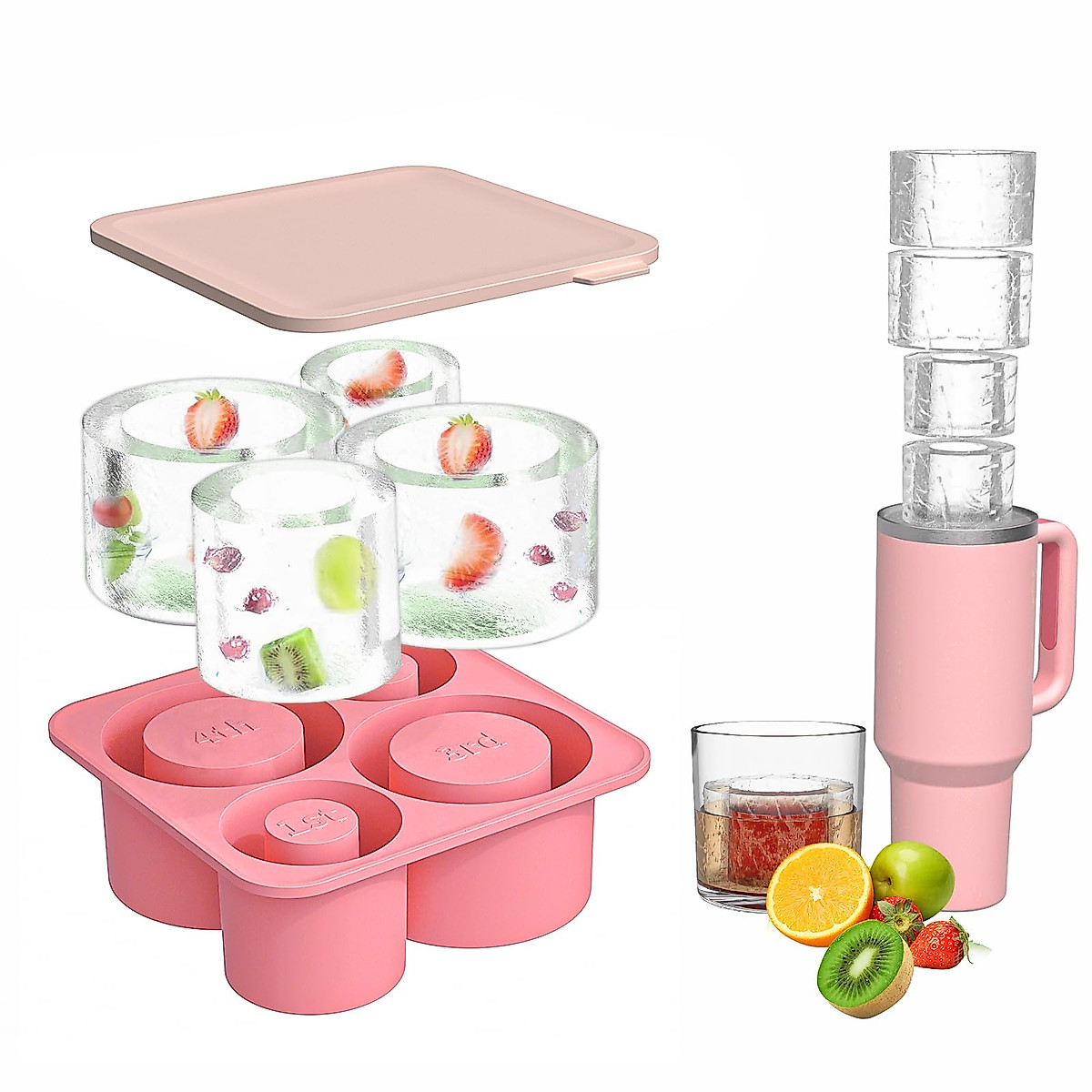 Sayrrame Ice Cube Tray for Stanley Cup, Silicone Ice Mold with Lid for 40oz 30oz 20oz 14oz Tumbler, 4 Pcs Hollow Cylinder Ice Maker for Chilling Cocktails, Whiskey, Drinks Coffee (Pink)