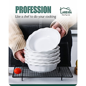 Lareina Mini Pans Set of 6, 6.5 Inch Individual Dish for Baking, 12 oz Small Ceramic Pie Plates for Chicken Pot Pie, Microwave and Dishwasher Safe, Christmas Gifts for Women, White