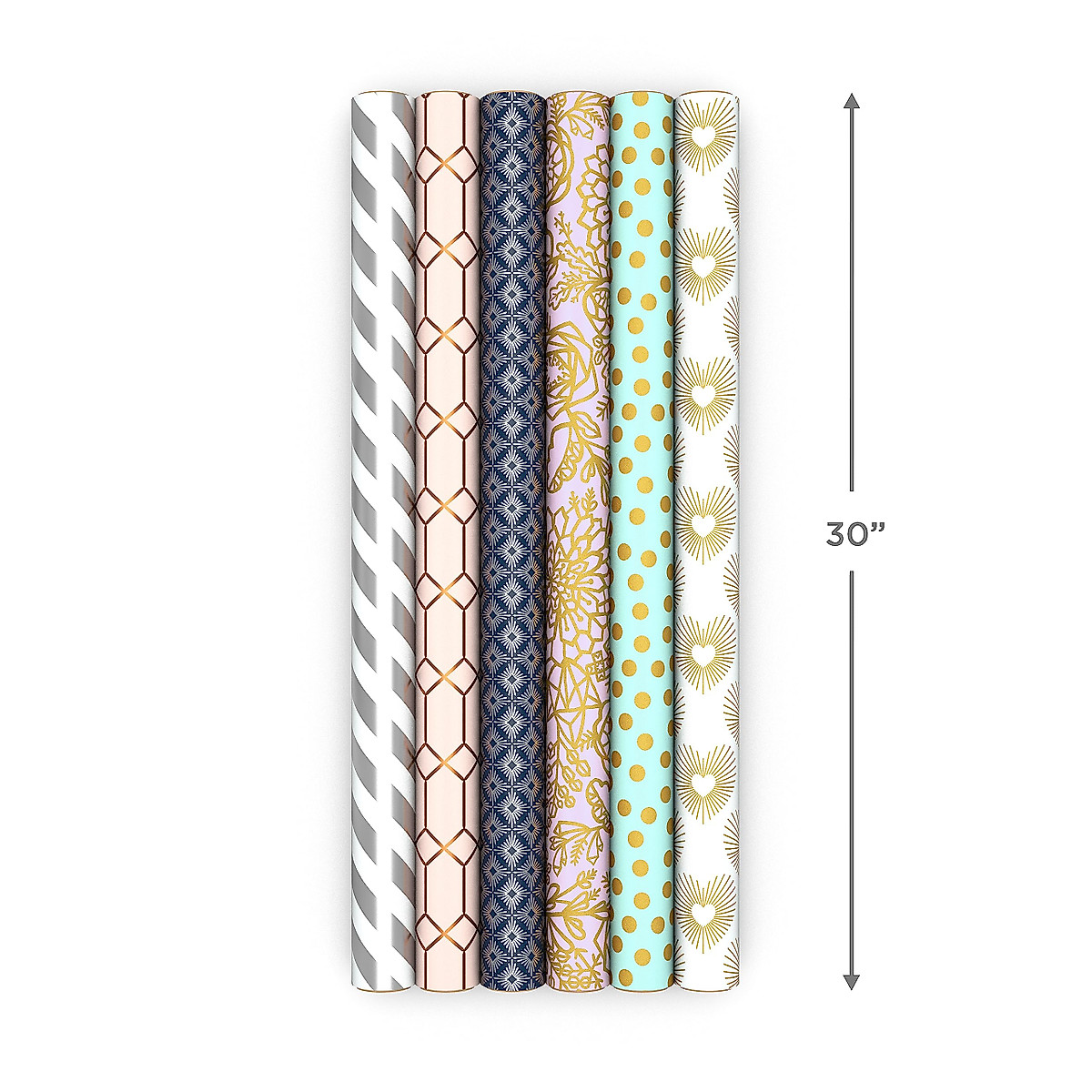 Hallmark Wrapping Paper with Cutlines on Reverse (6 Rolls: 180 Sq. Ft. Total) White and Silver Stripes, Mint Green, Gold Hearts and Flowers for Weddings, Bridal Showers, Birthdays