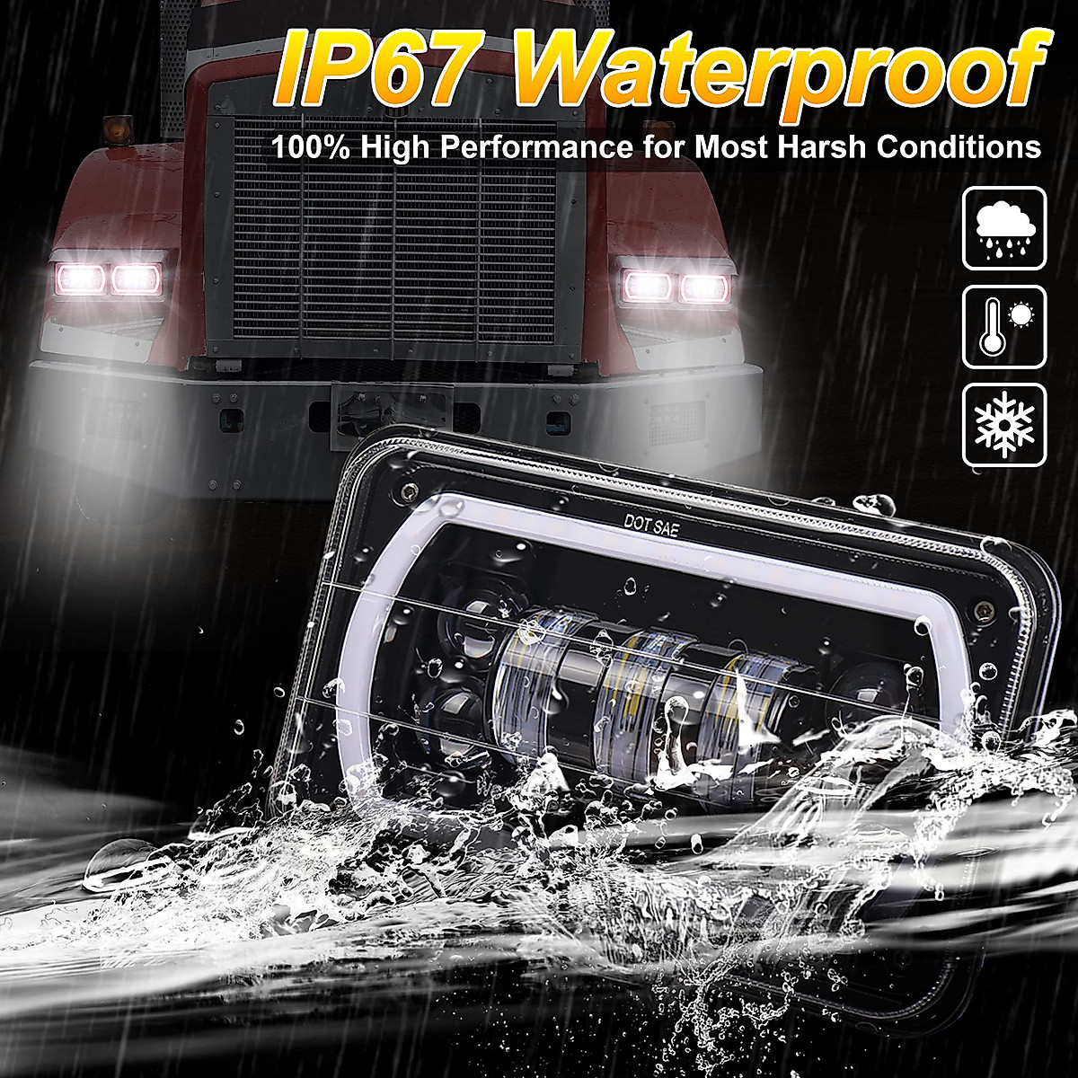 SEUYA 4x6 LED Headlights with RGB Halo Ring Music Mode Replacement H4651 H4652 H4656 H6545 Truck Chevrolet Kenworth Oldsmobile Ford Peterbilt